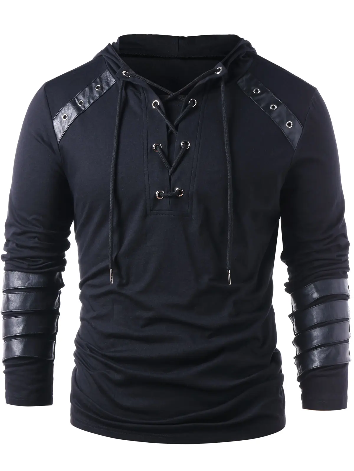 New Brand Designer Men Lace Up Faux Leather Hoodies Solid Long Sleeves