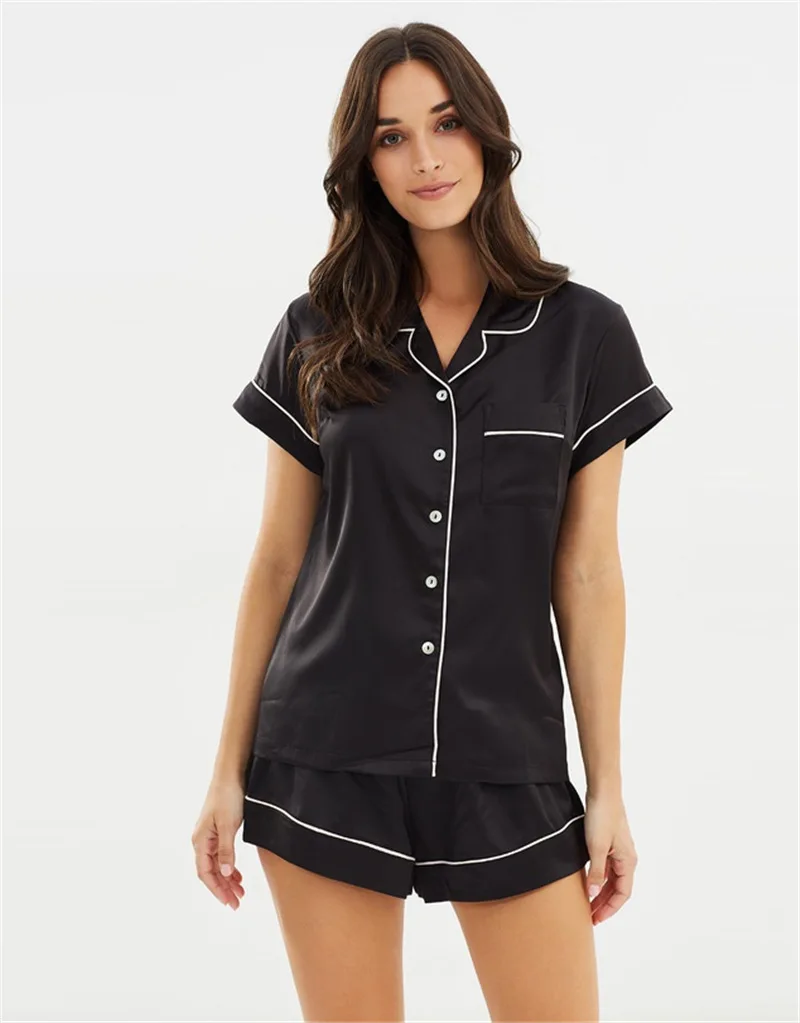 Pyjamas Women Summer Black Solid Pijamas Set Short Sleeve Shorts Silk