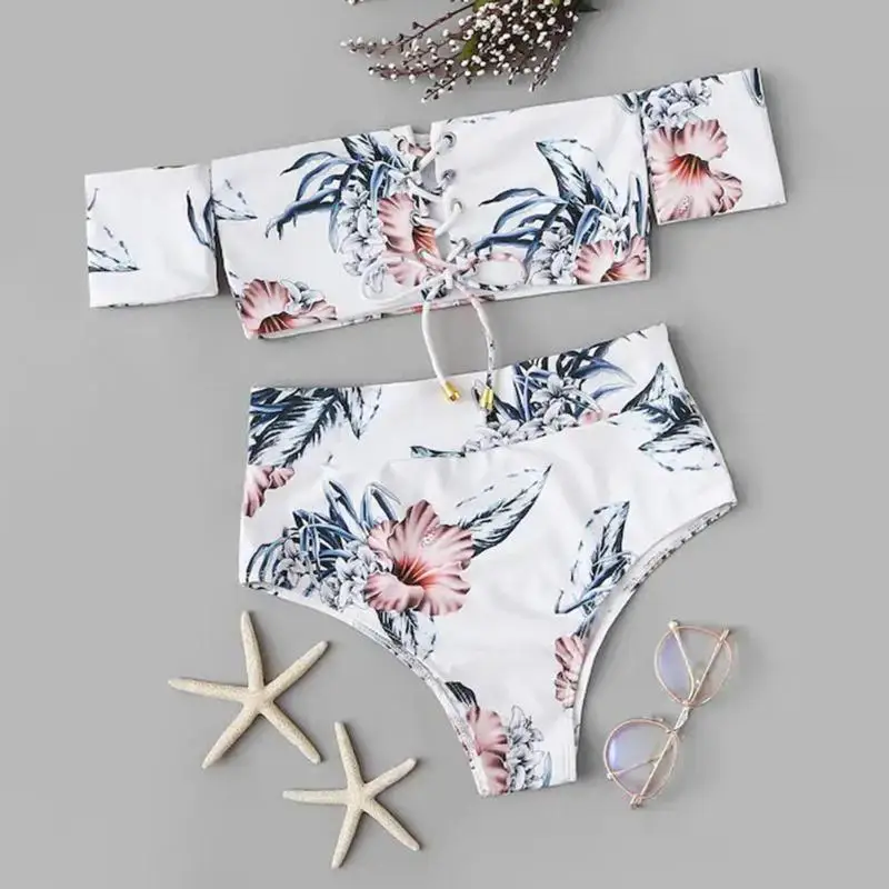 2019 Women Wrap Chest Bikini Set Split Swimsuit Floral Print Bandages ...