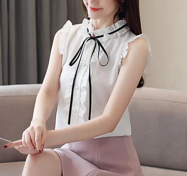 Women Fashion Sleeveless Office Lady Chiffon Blouse Stand Elegant ...