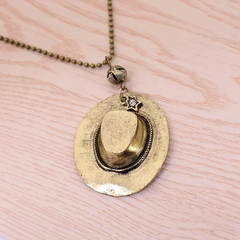 Vintage Western Cowboy Hat Pendant Necklace Metal Bronze Star Cap Beads vintage-western-cowboy-hat-pendant-necklace-metal-bronze-star-cap-beads
