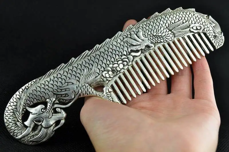 Chinese Handmade Tibet Silver & White Copper Carving Dragon Comb|comb ...