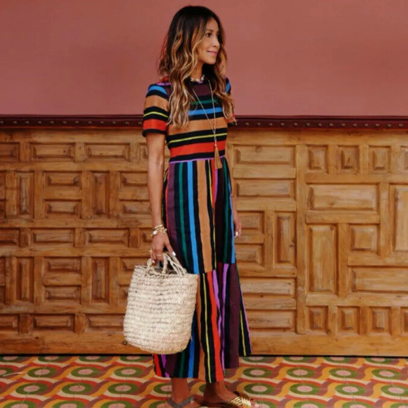 Verano de las mujeres Boho estampado a rayas vestidos de manga corta largo Maxi Vestido de playa ...