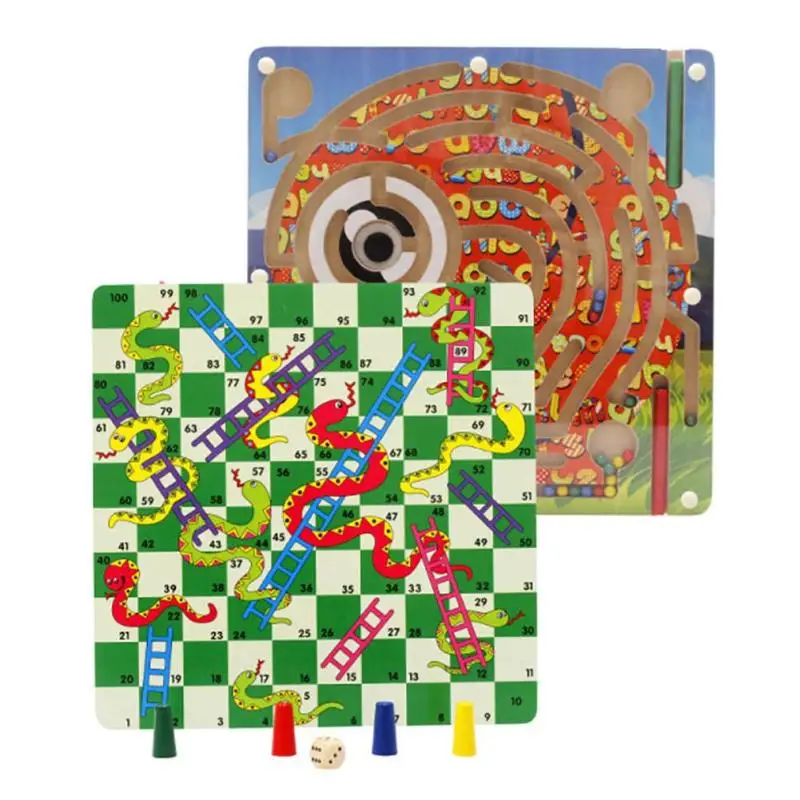 2 in 1 Children Classic Flying Chess Toy Wooden Snake Magnetic Maze ...