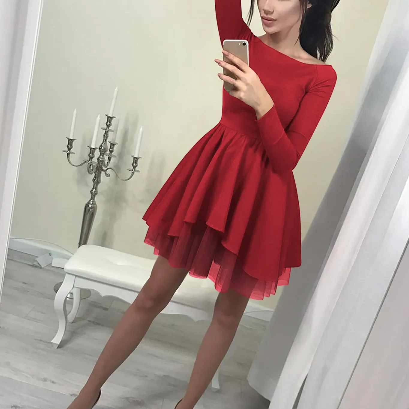 Fashion 2019 New Sexy Slash Neck Mesh A Line Dress Women Elegant Long