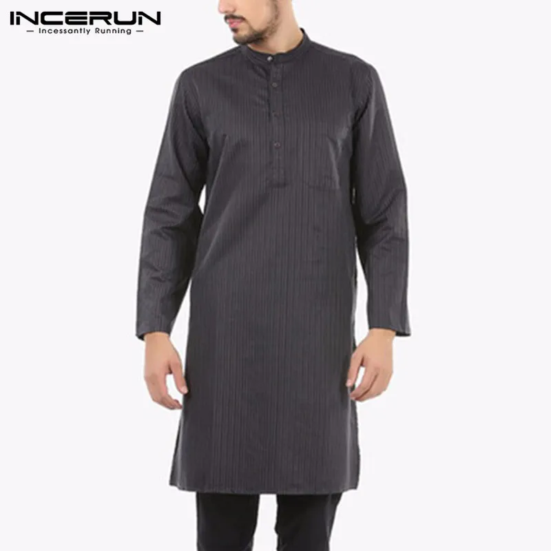Indian Kurta Suit Striped Thobe Jubba Indian Dress Robe Long Sleeve ...
