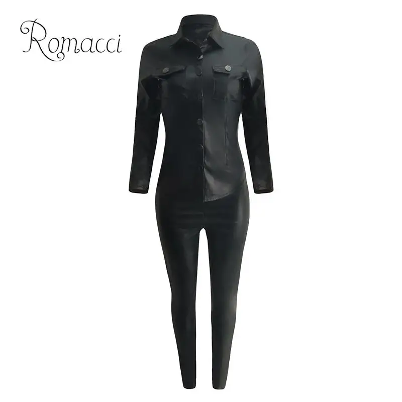 Fashion 2 piece set Women PU Leather two piece set top and pants Set ...
