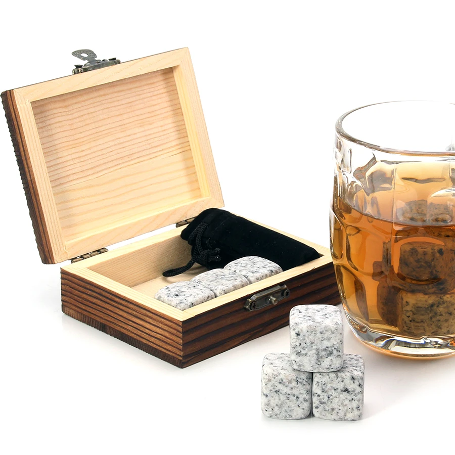 Whiskey Stones Set - 9 Granite Whiskey Rocks / Wooden Box / Velvet Bag ...
