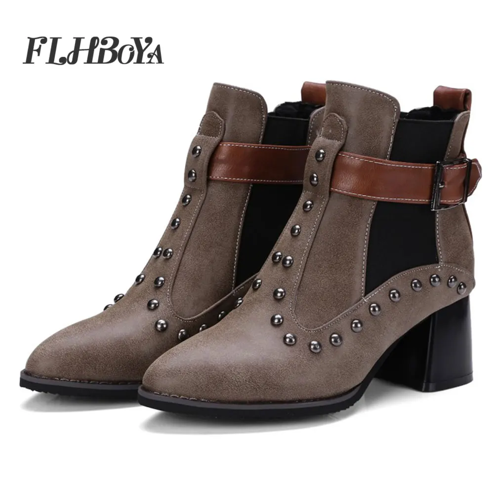 FLHBOYA Winter Fashion Ankle Boots for Ladies Pointed toe Rivet belt ...