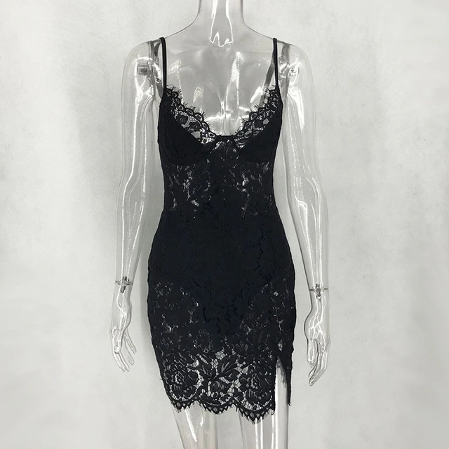Fleepmart Sexy Flower Lace Party Dress Women Sexy Perspective Spaghetti