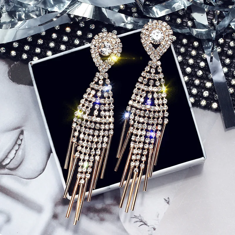 Fyuan Luxury Women Long Tassel Water Drop Crystal Earring Exquisite