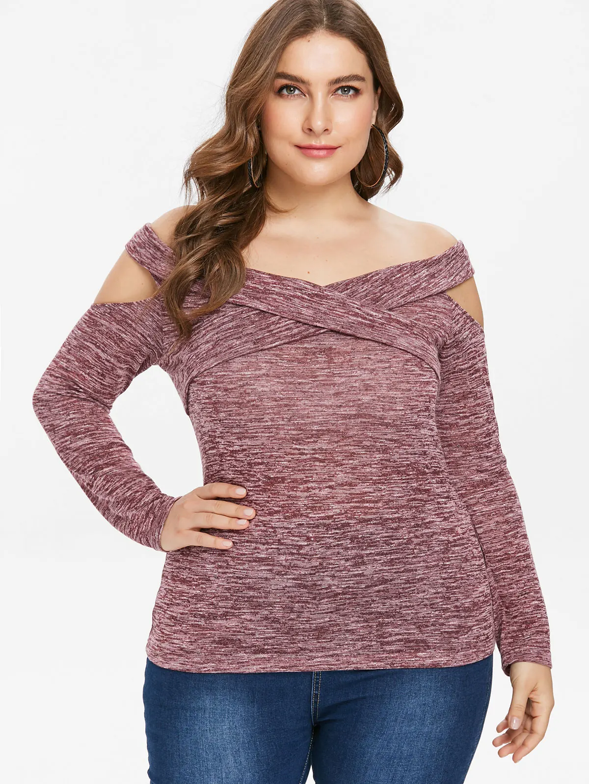 Wipalo Plus Size Off The Shoulder Cutout Marled Long Sleeve T Shirt ... Wipalo Plus Size Off The Shoulder Cutout Marled Long Sleeve T Shirt ...