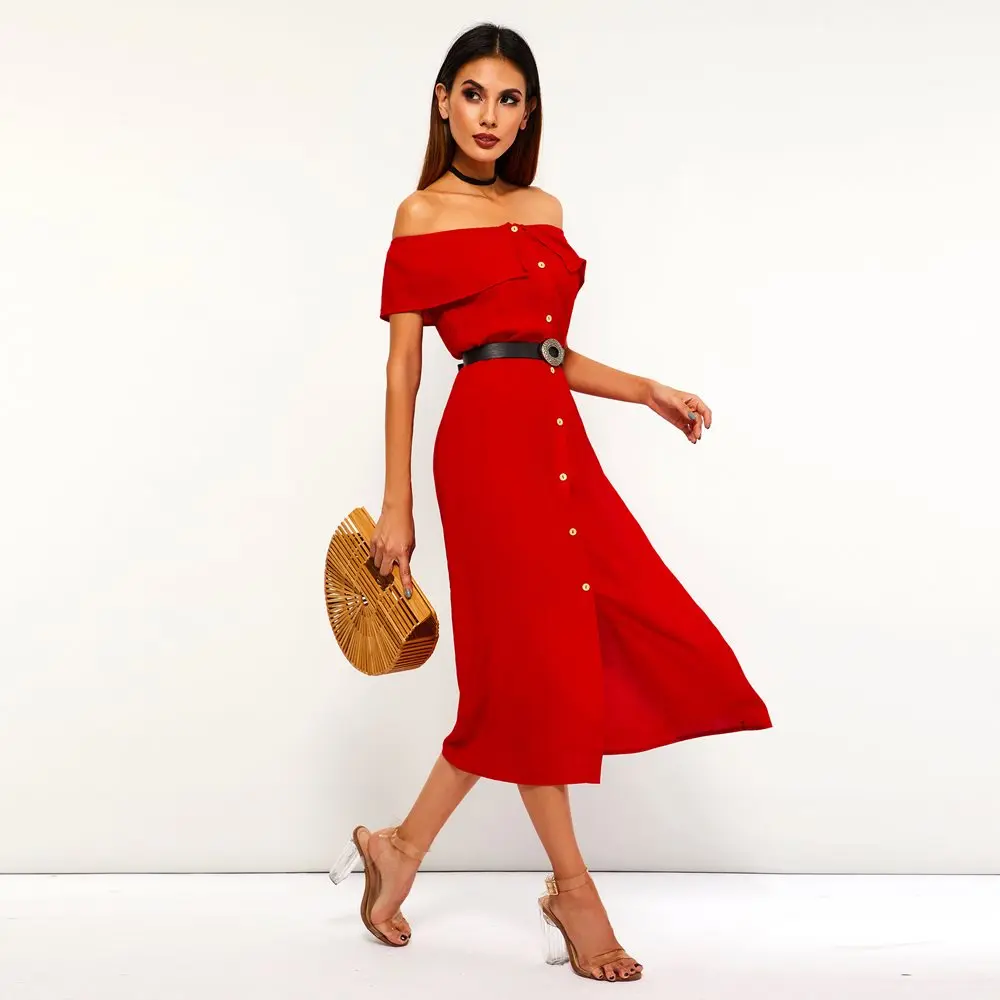 Off Shoulder Sexy Dress Women Red Sweet A Line Slash Neck Street Travel