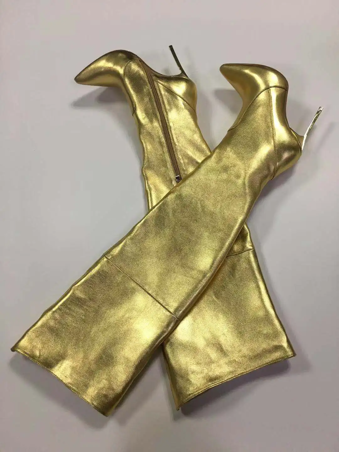 Sexy Golden Sheepskin Leather Over The Knee Knight Boots Ladies Pointed ...