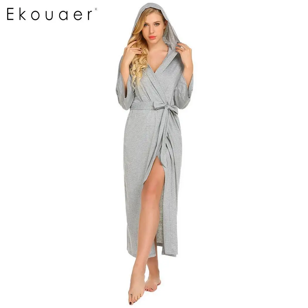 Ekouaer Sleepwear Robe Women Kimono Long Bathrobe Hooded Sexy Bridesmaid Robes Dressing Gown