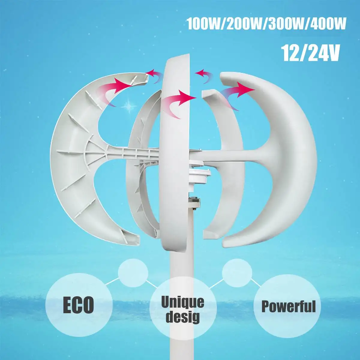100-600W 12 24V Vertical Axis Wind Turbine Generator VAWT Boat Garden ...