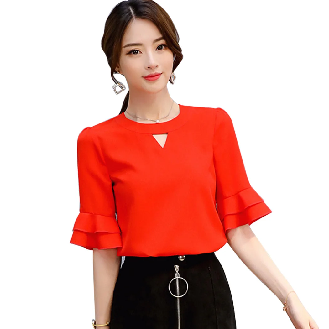 Korean Women Chiffon Blouses Ruffles Short Sleeve O Neck Summer Tops
