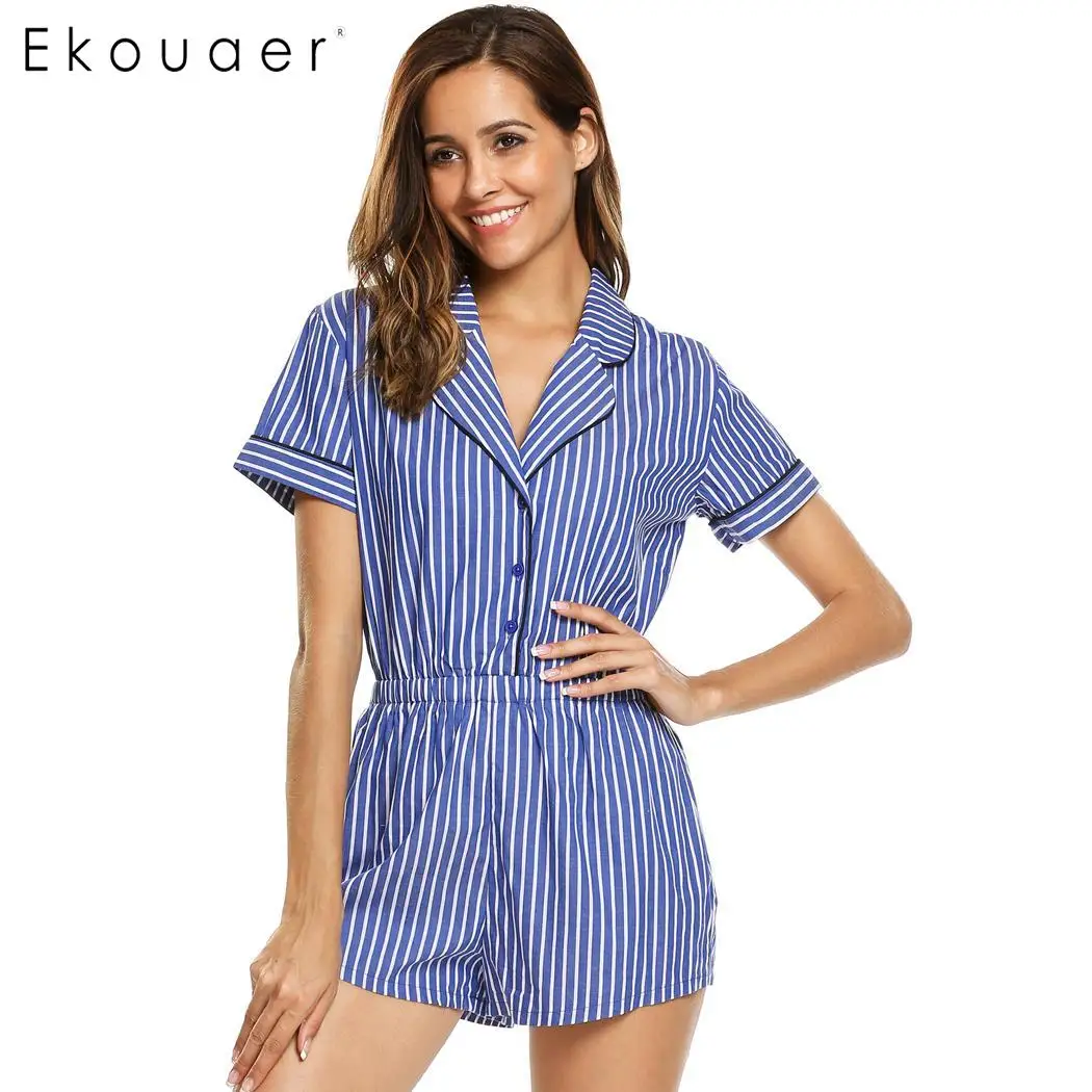 Ekouaer Women Pajamas Onesie Sleepwear Striped Cotton Tunic Sleepwear