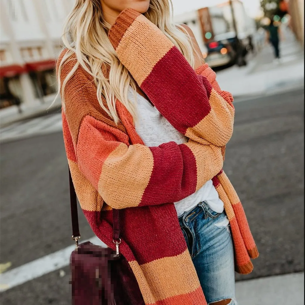 2018 Winter Women Long Sleeve Cardigan Female Striped Knitted Cardigans ...