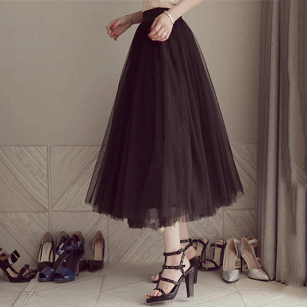 Women 3 Layers Tulle Skirt Princess Tutu High Waist Long Skirt Ladies ...