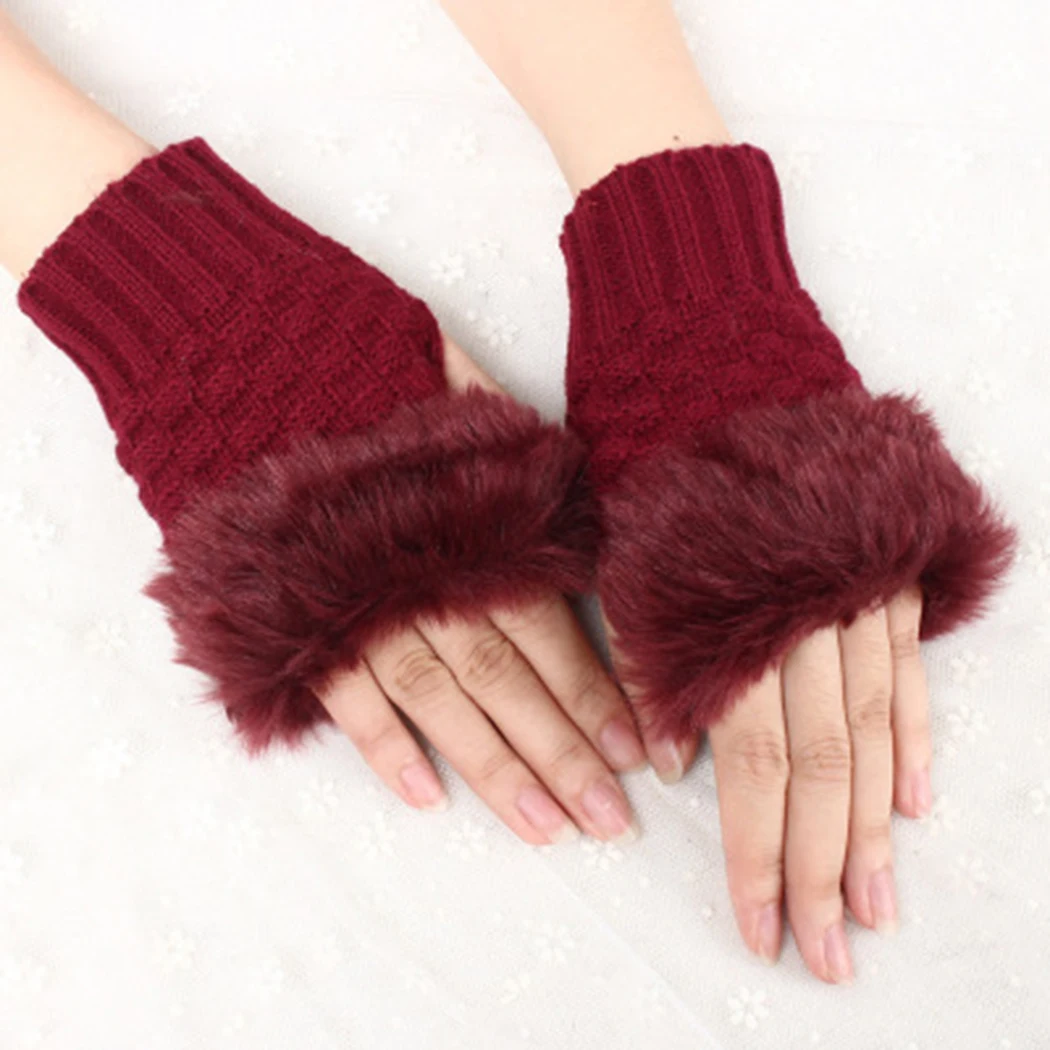 Wool Knitted Fingerless Gloves Women Warm Winter Gloves Women Faux Fur ...