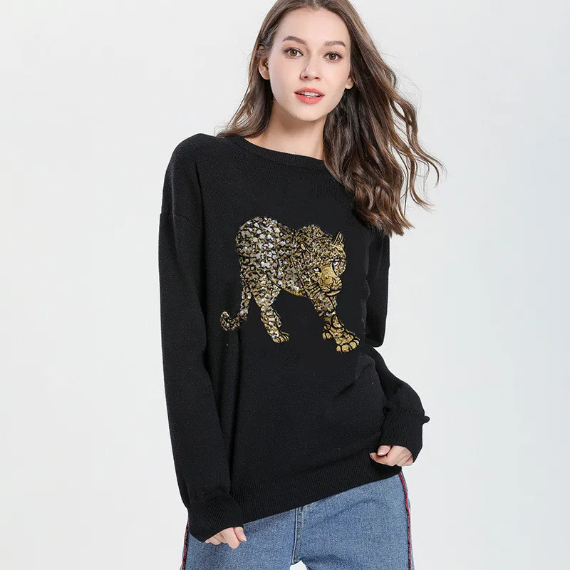 Primavera de 2019 las mujeres leopardo negro bordado de punto suéteres ...