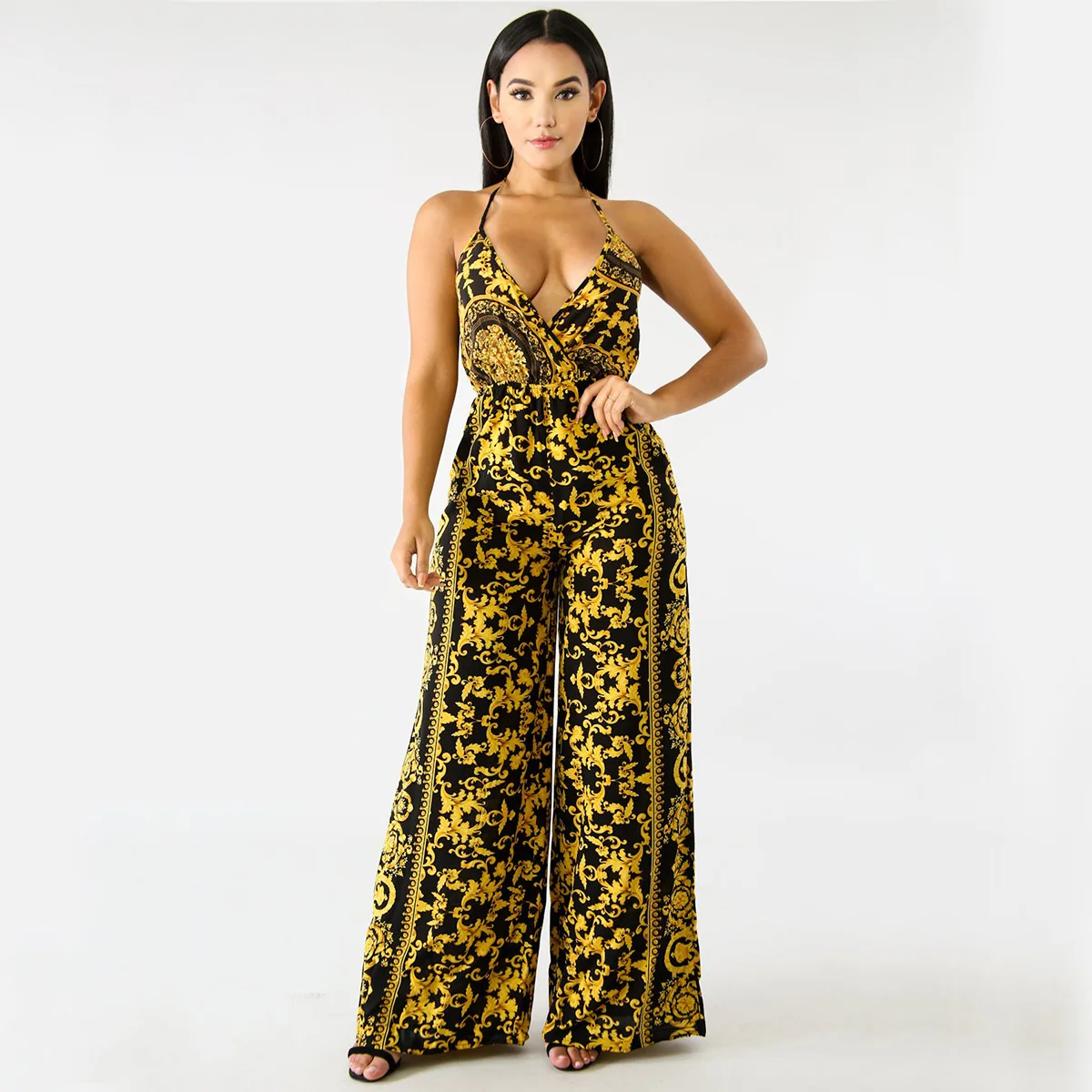 Backless Floral Print Plus Size Jumpsuits Romper Halter Beach Bodies