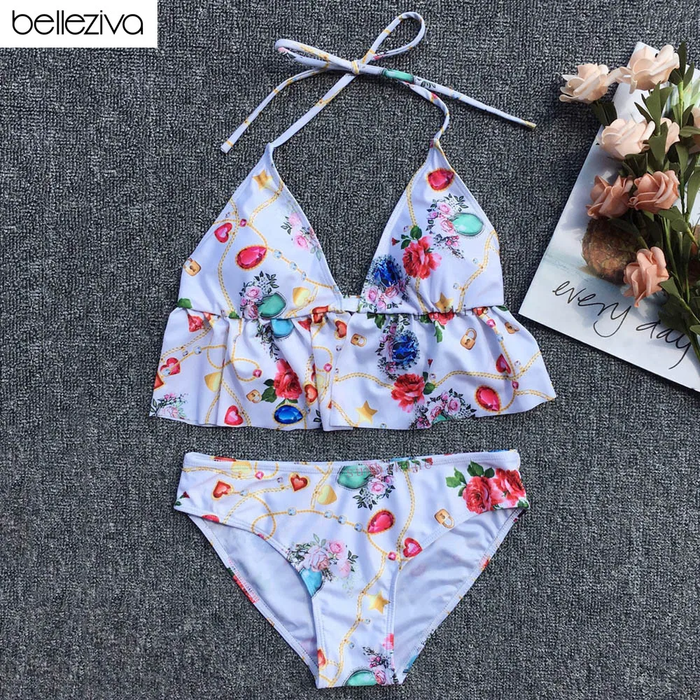Belleziva Biquini 2019 Halter Neck Backless Padded Print Ruffle Low