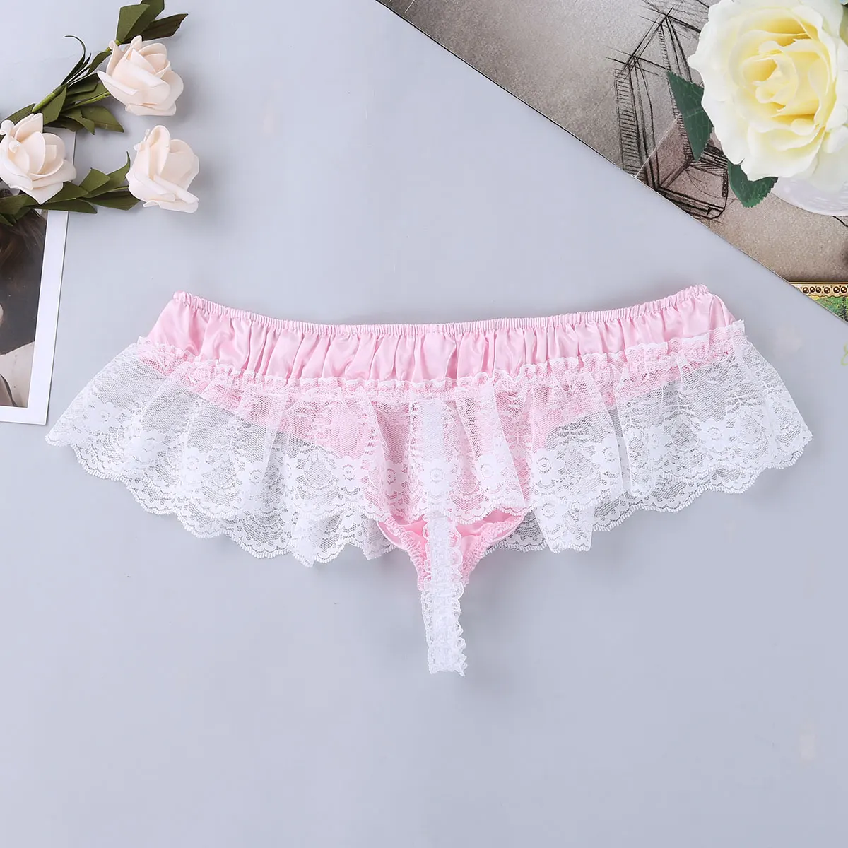 TiaoBug Men Shiny Satin Sissy Lingerie Panties Ruffle Floral Lace High ...