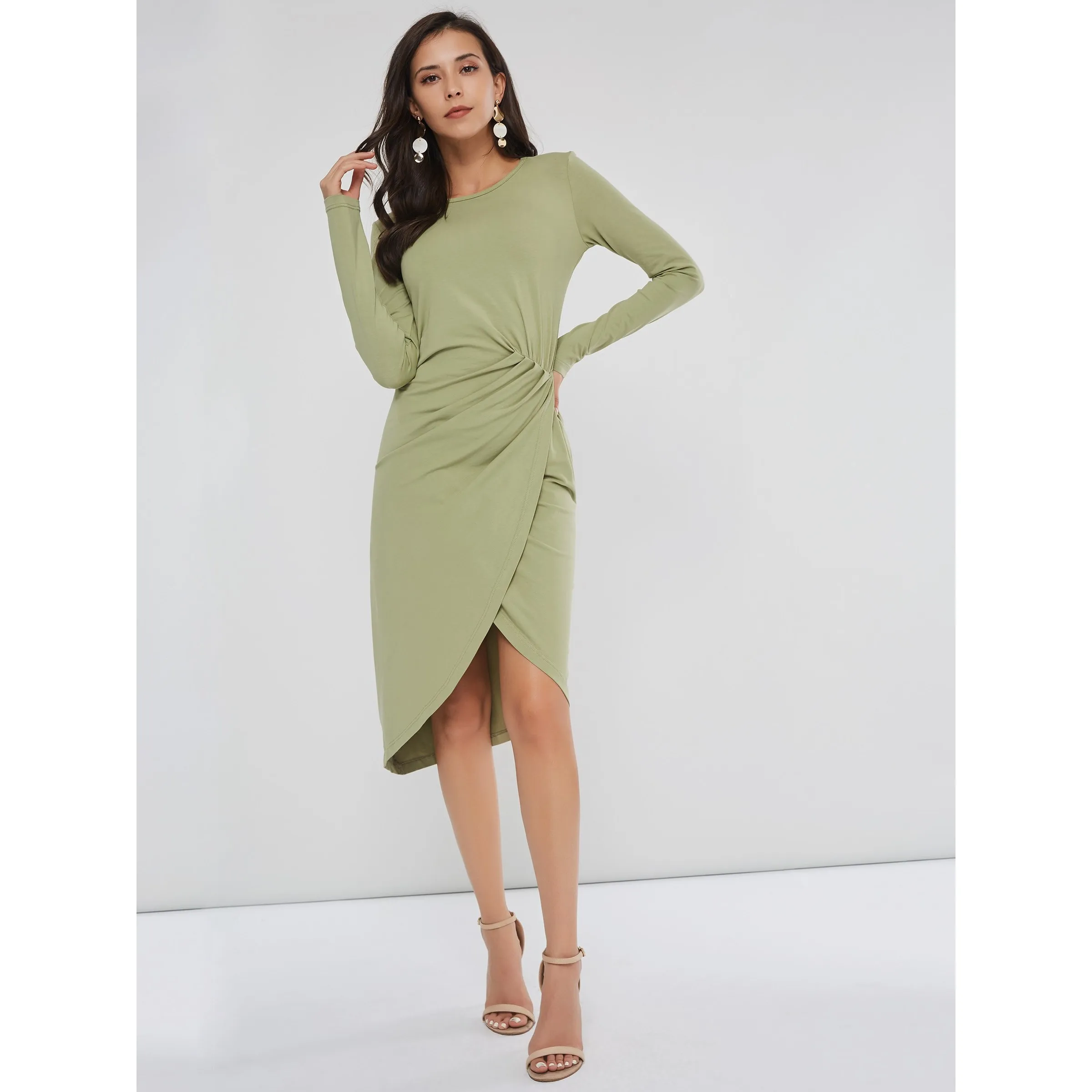 Women Midi Dresses Sexy Green Bodycon Plain Asymmetric Pleated Female