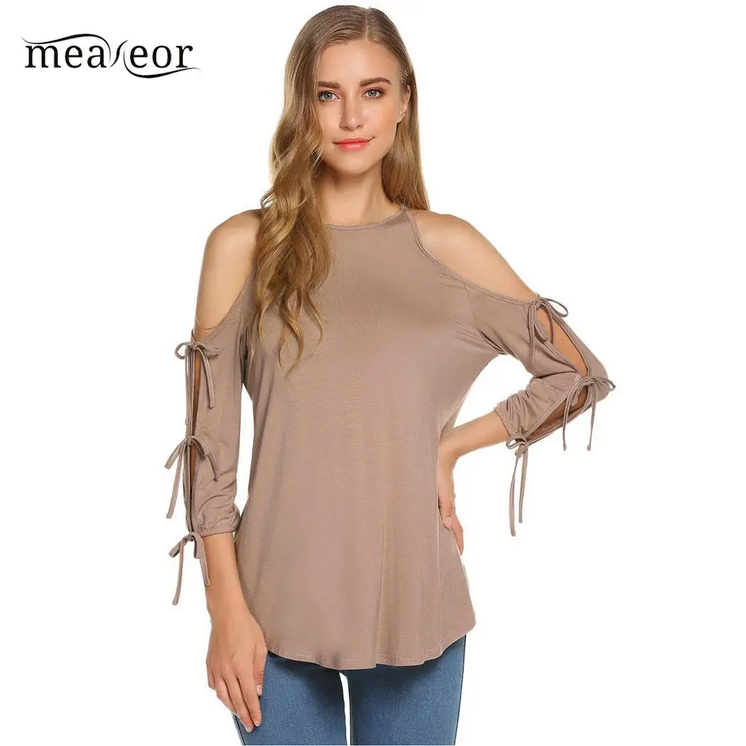 Meaneor Women T Shirts Tops Casual Floral Print Lace up Cold Shoulder ...