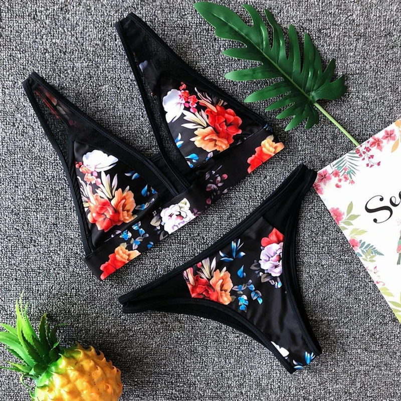 2019 Women Swimwear Flower Printed Bikini Set Gauzy Swimsuit Low Waist