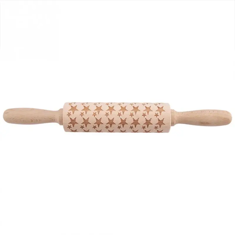 35*5cm Embossed Stars Pattern Wooden Rolling Pin Baking Cookies Rolling ...