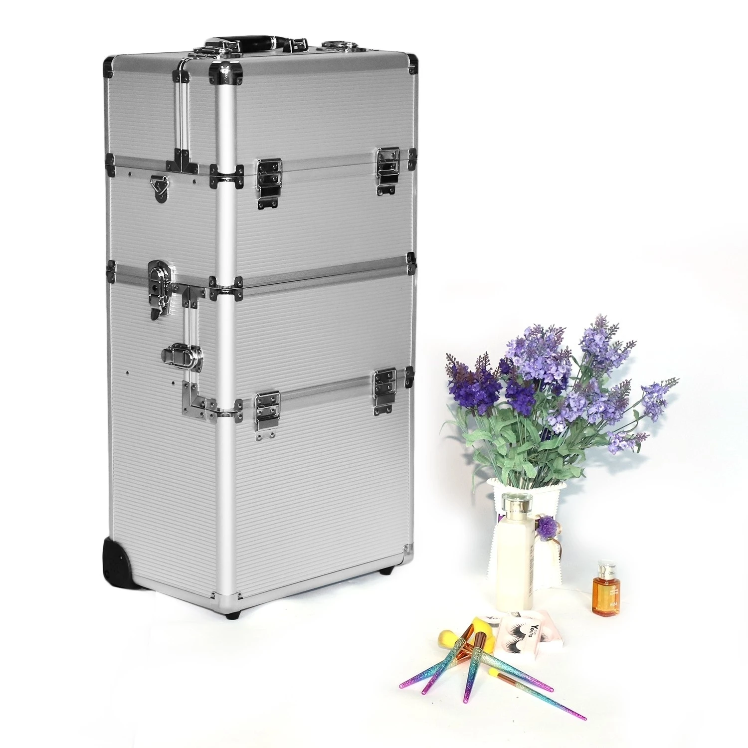 Pro 3 in 1 Aluminum Rolling Makeup Cosmetic Train Case Wheeled Box ...