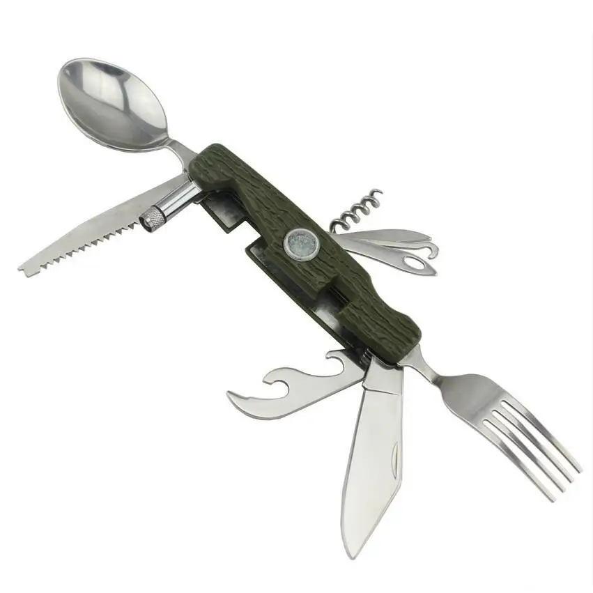 Mounchain Outdoor Multifunction Folding Cutlery Set With Compass Light Camping Cutlery In