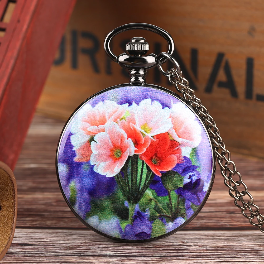 Flower Pattern Case Pocket Watch for Men and Women, Quartz Pocket Watch ...
