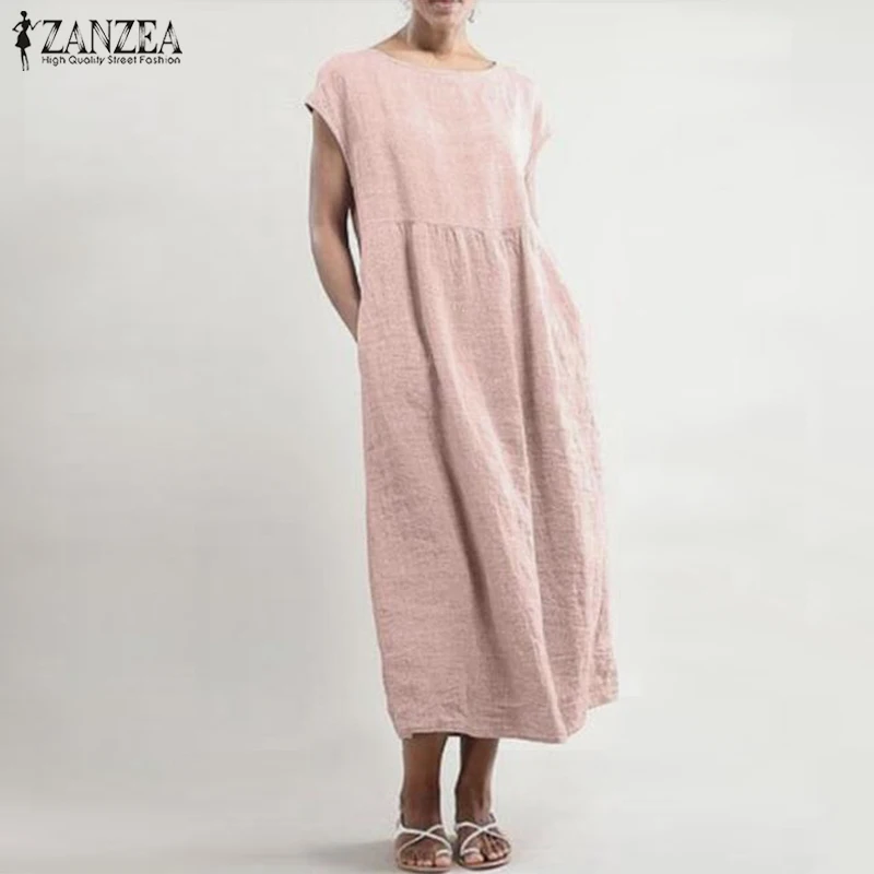 2019 Zanzea Summer Thin Cotton Linen Dress Women Elegant O Neck Short