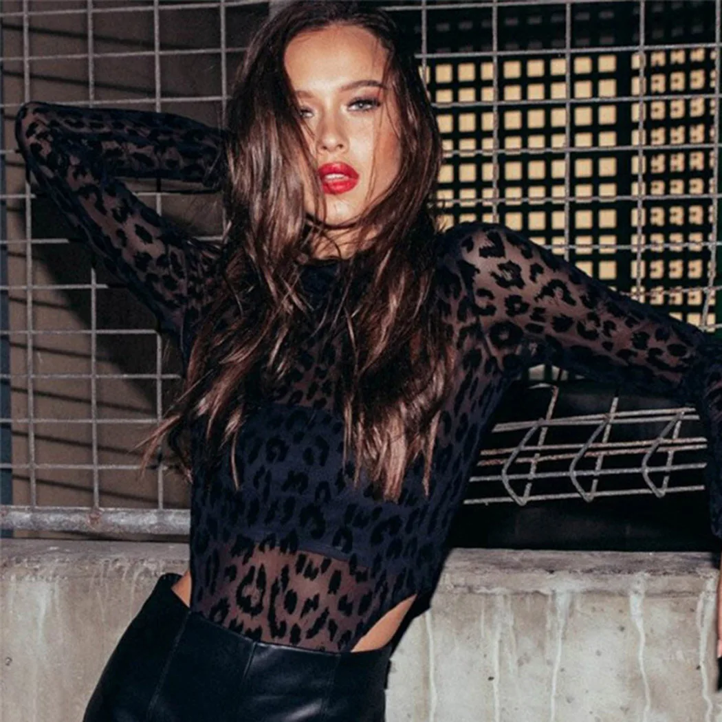 Women Leopard Bodysuit Tops Sexy Mesh Transparent Print Body Suit ...