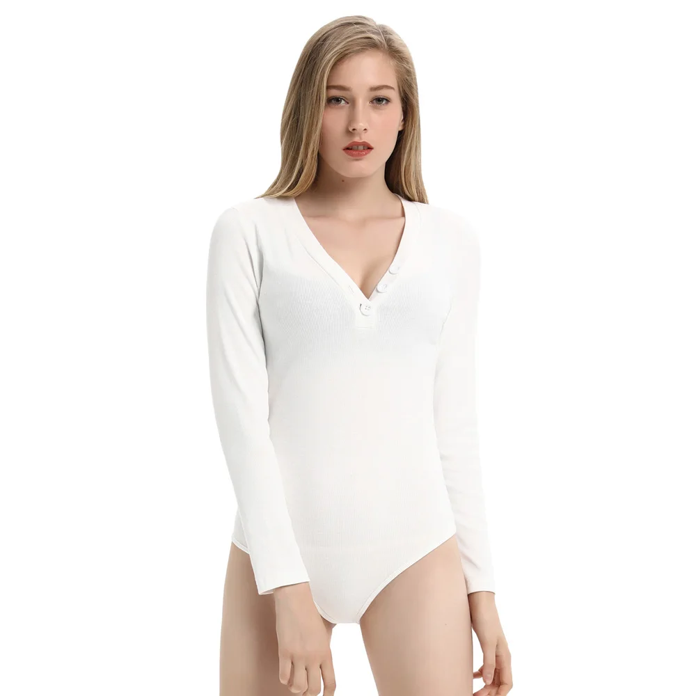 Buy Vogue Elegant Bodysuit Women Spring Fall Pure Color Long Sleeve Buttons V