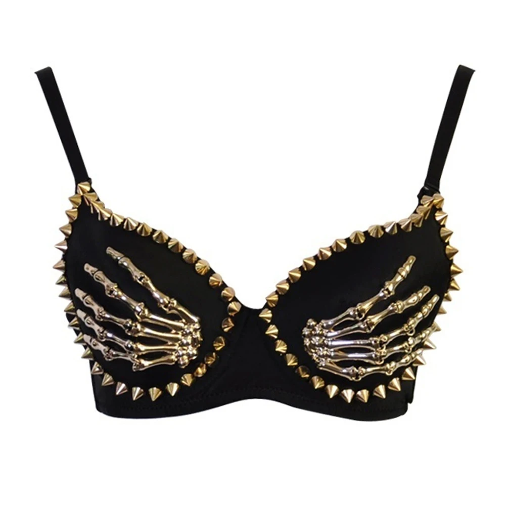 Women Fashion Bra Rivet Hand Bones Decorated Black Bra Crop Top Party ...