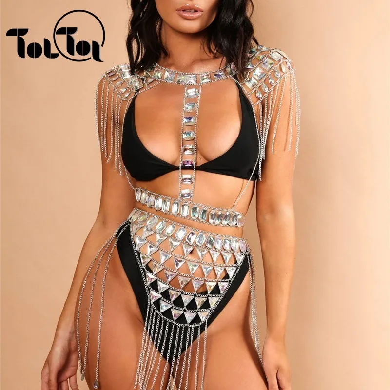 Gem Metal Chain Patchwork Mini Skirts Women Tassel Backless Rhinestone