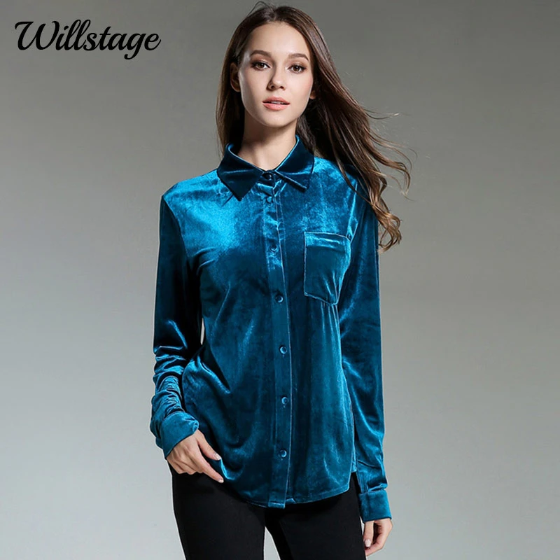Willstage Long Sleeve Velvet Shirts Women Peacock Blue Blouse New 2019 ...