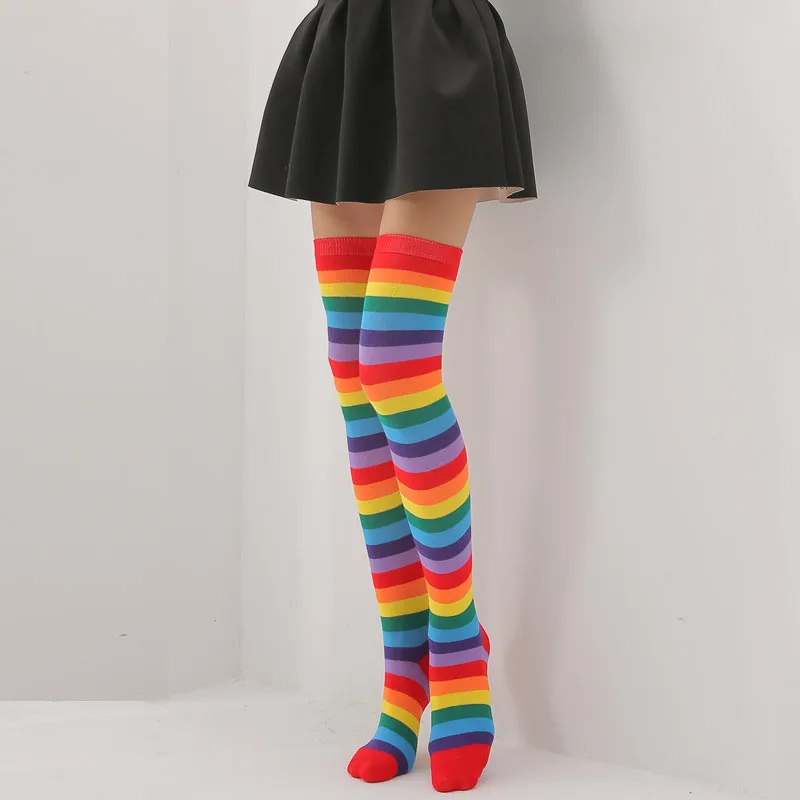 Women-Thigh-High-Mixed-Colored-Stockings-Rainbow-Ladies-Striped-Long ...