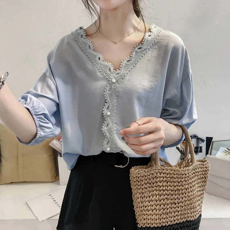 Size M 4xl Women Patchwork Lace V Neck Chiffon Solid Beading Blouses