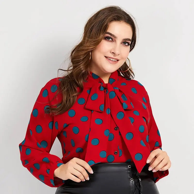 Women Blouses Casual Red Sweet OL Plus Size Loose Lantern Sleeve Polka ...