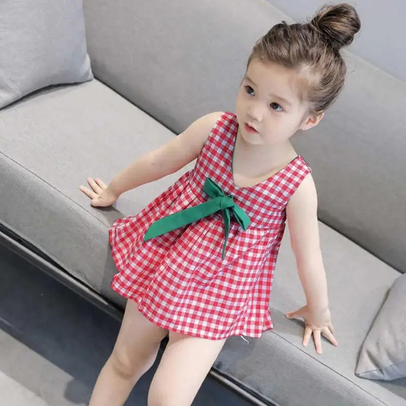 Kids Girls Sleeveless Mini Dress Plaid V Neck Infant Cotton Bowknot ...