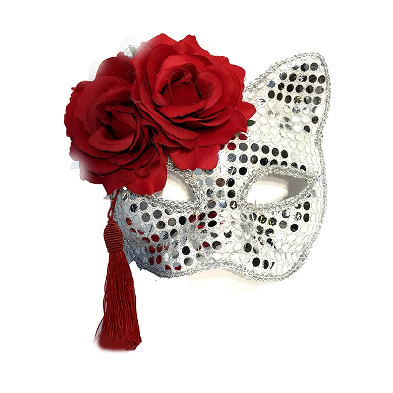 Luxury Venetian Masquerade Mask Women Girls Sexy Red Roses Tassel Cat