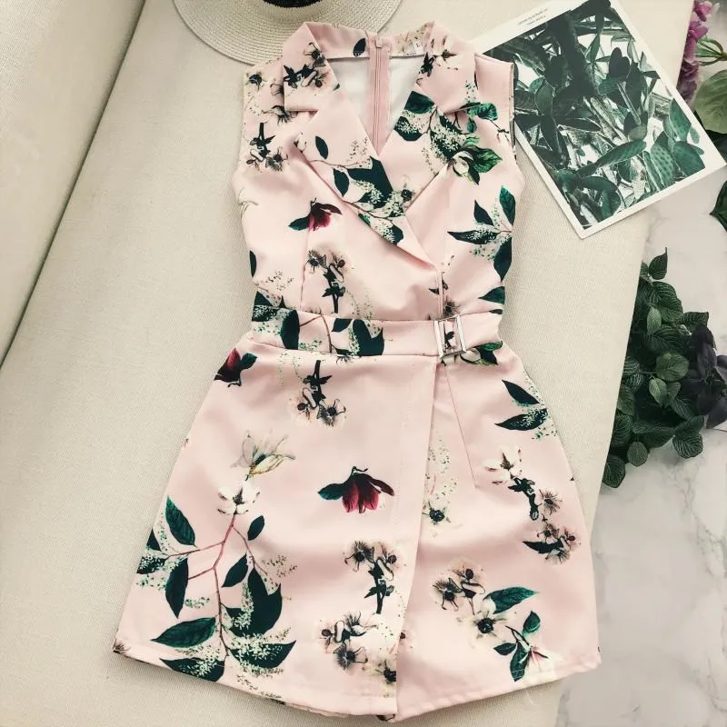 New Fashion Sexy Lapel Floral Print Rompers Women Sleeveless High Waist