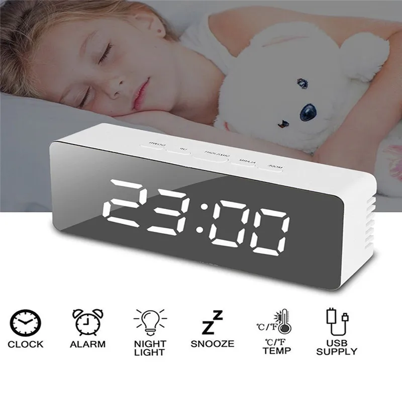 New LED Mirror Alarm Clock Snooze Table Clock Wake Up Light USB Cable ...