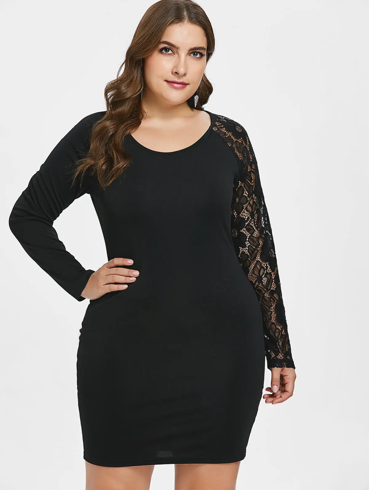 Wipalo Plus Size Lace Panel Bodycon Dress Autumn Elegant Ladies Party